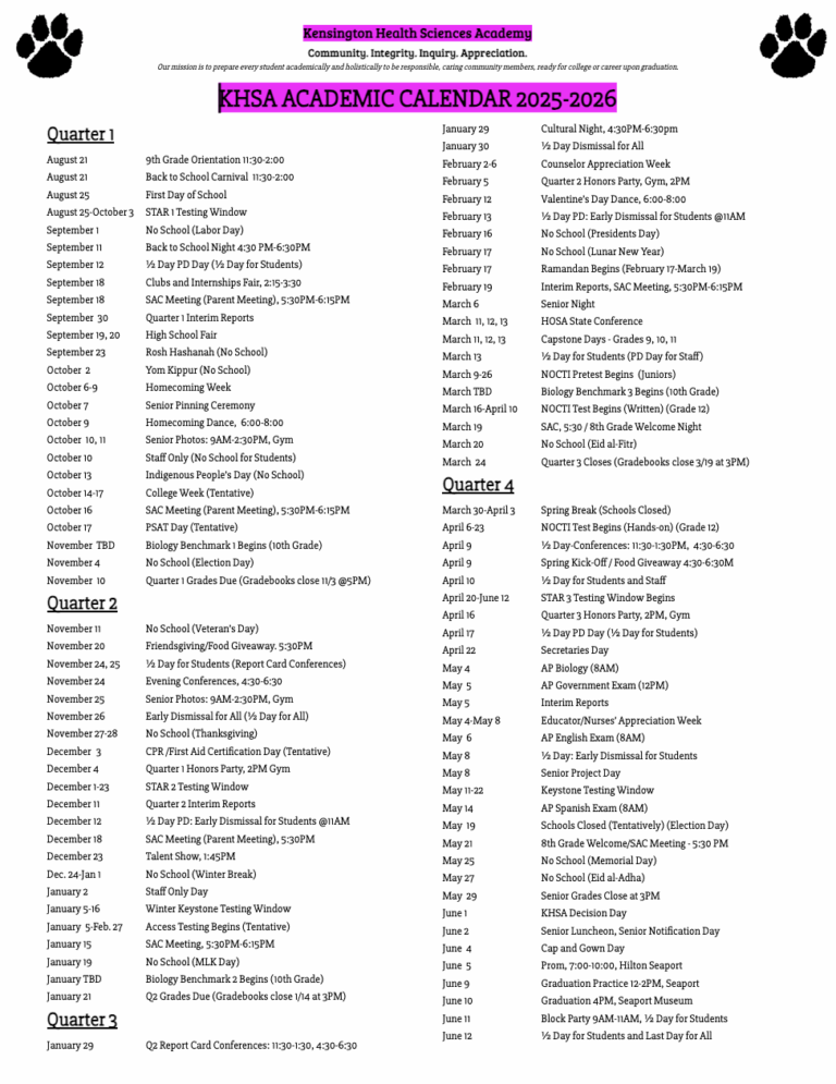 2025-26 KHSA Calendar - Kensington Health Sciences Academy